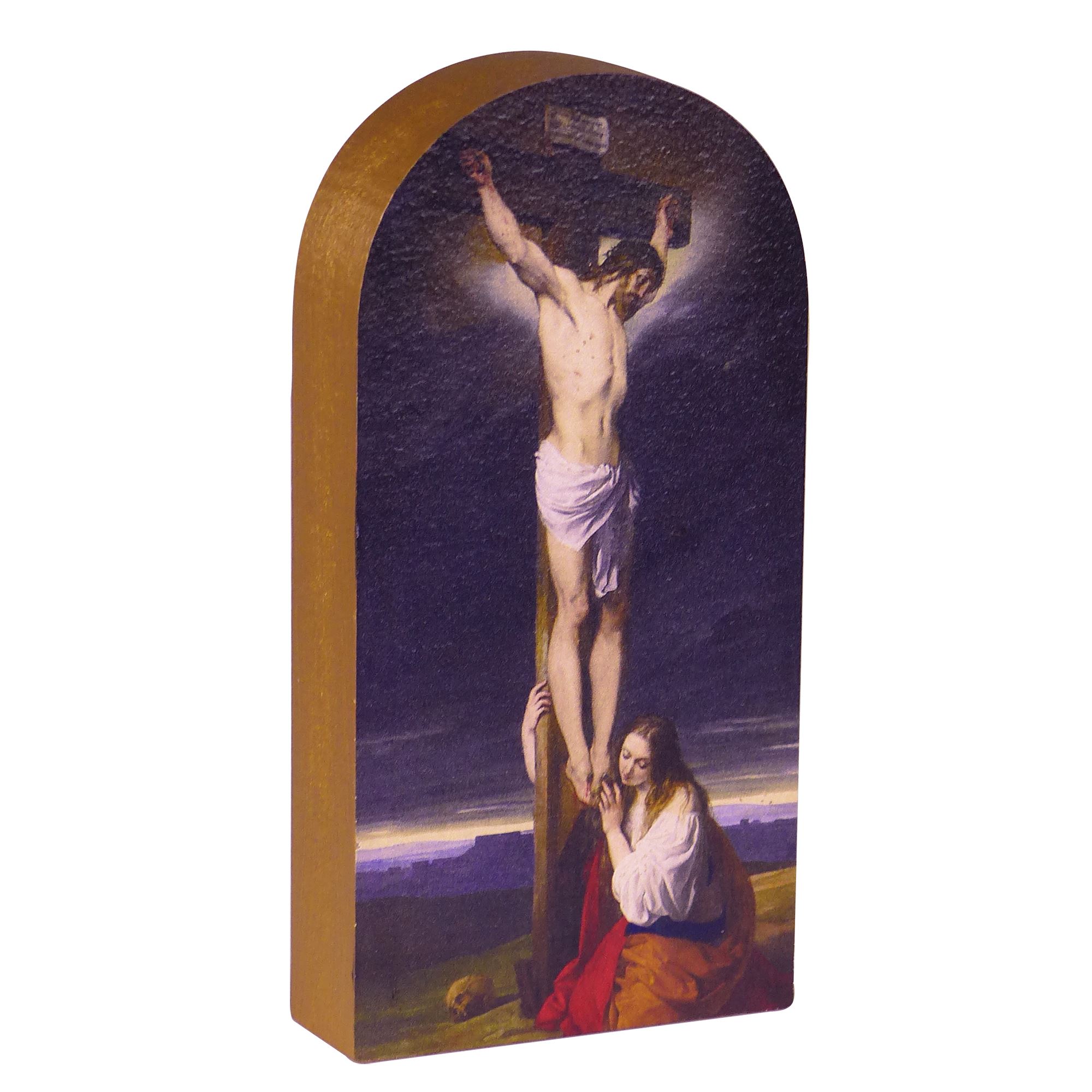 CRUCIFIXION WITH MARY MAGDALENE ARCHED ICON BLOCK - 3 X 6 | EWTN Religious Catalogue