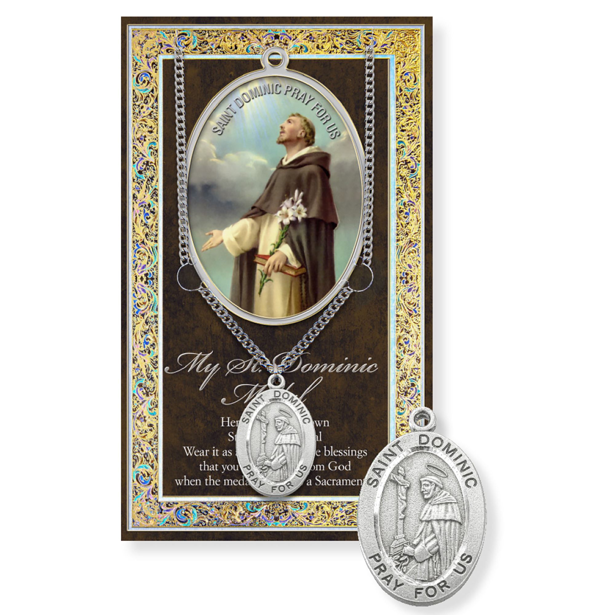 ST. DOMINIC HAND ENGRAVED PEWTER MEDAL ON 24” CHAIN – WITH PAMPHLET ...