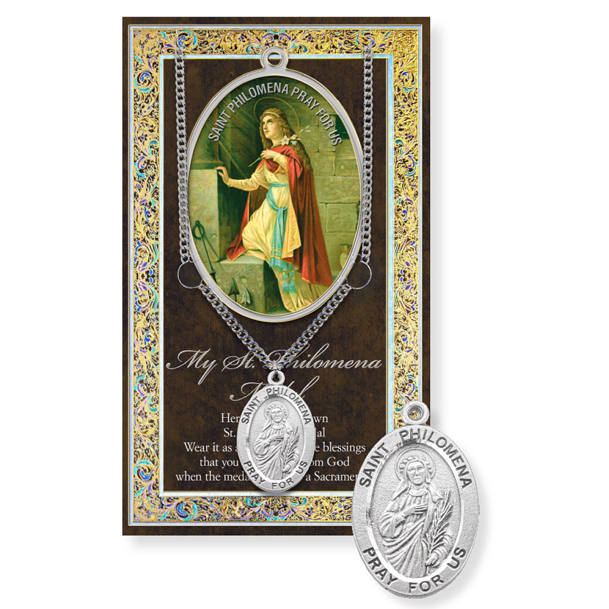 ST. PHILOMENA HAND ENGRAVED PEWTER MEDAL ON 18” CHAIN – WITH PAMPHLET ...