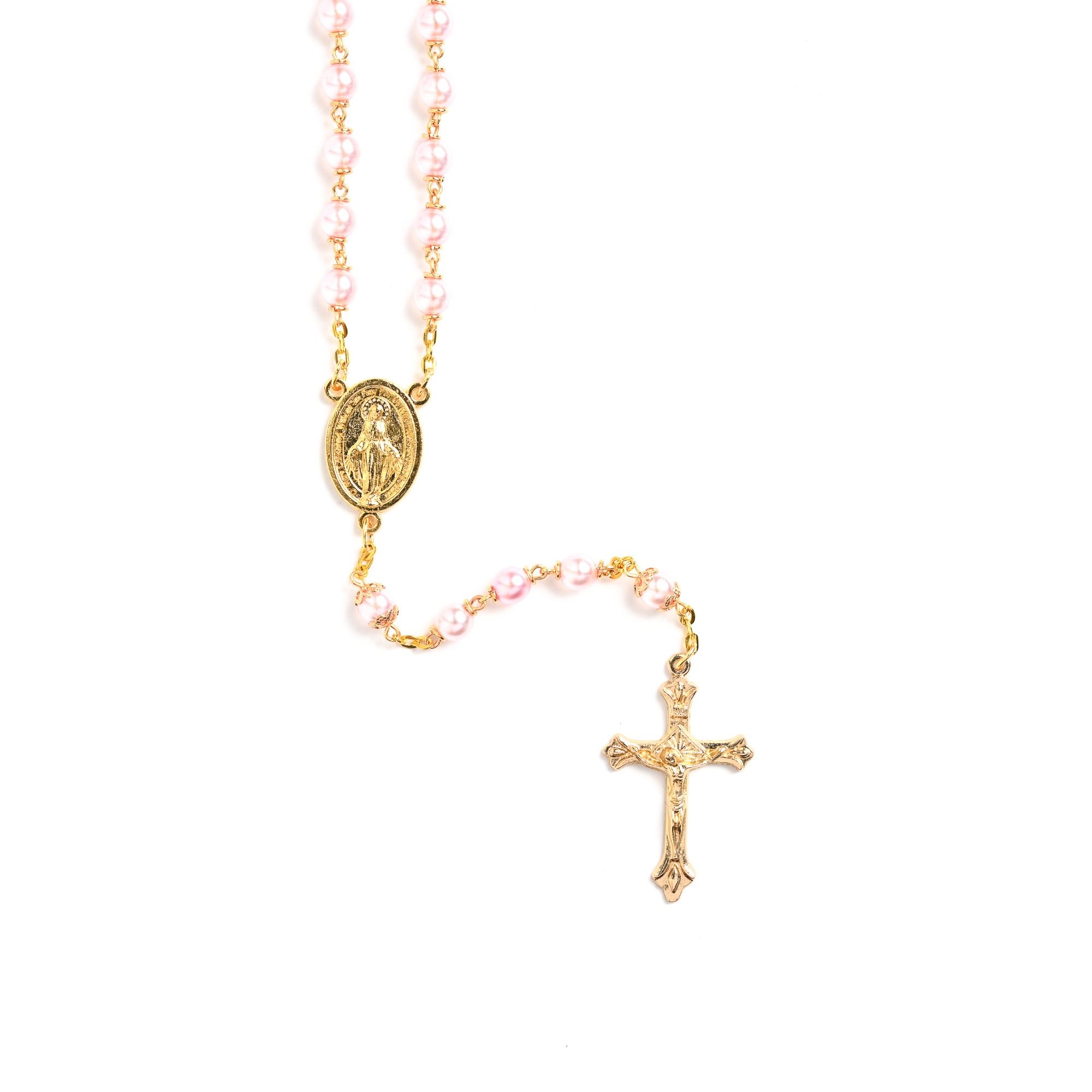 TRANSLUCENT PINK ROSARY WITH GOLD CRUCIFIX AND MIRACULOUS MEDAL CENTER ...