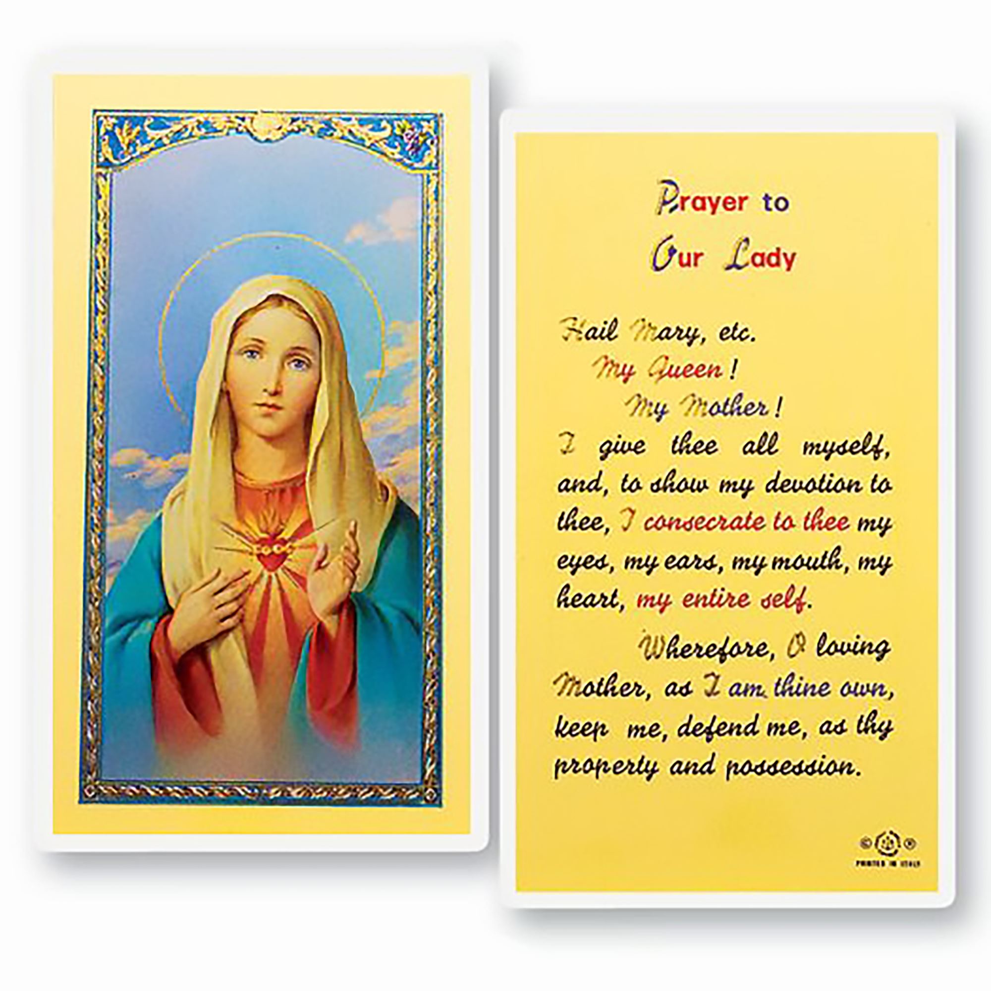 LAMINATED HOLY CARD - PRAYER TO OUR LADY IMMACULATE HEART OF MARY ...