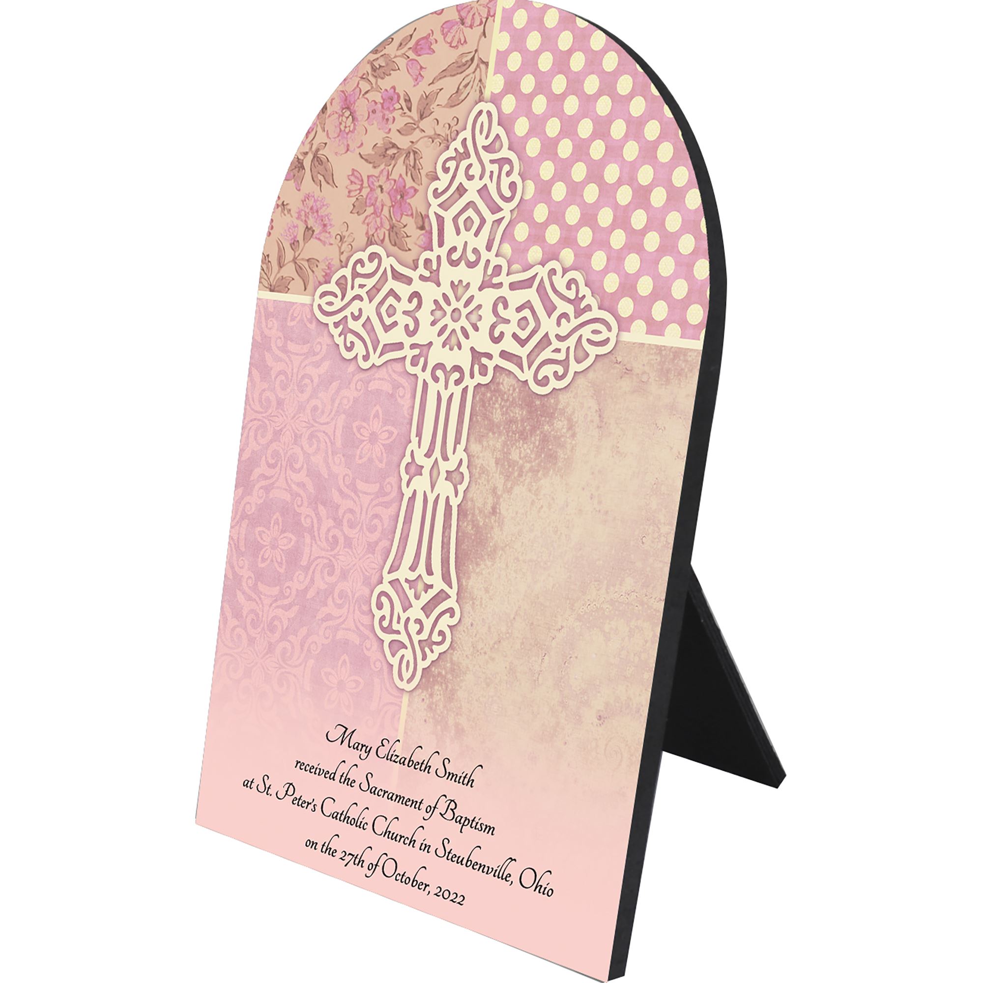 PERSONALIZED ARCHED PLAQUE - PINK BAPTISM CROSS | EWTN Religious Catalogue