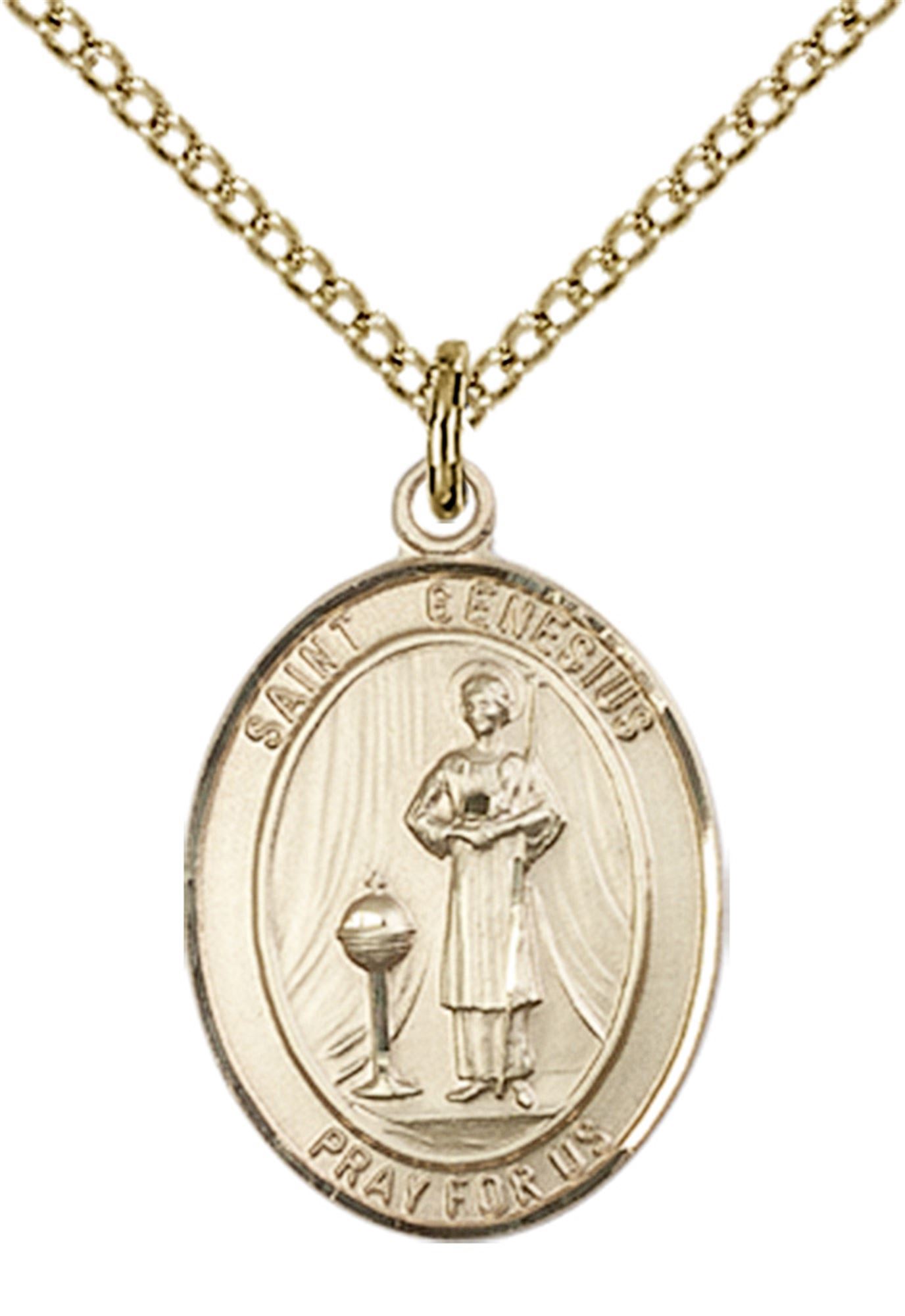14KT GOLD FILLED ST GENESIUS OF ROME PENDANT WITH CHAIN - 3/4" x 1/2 ...