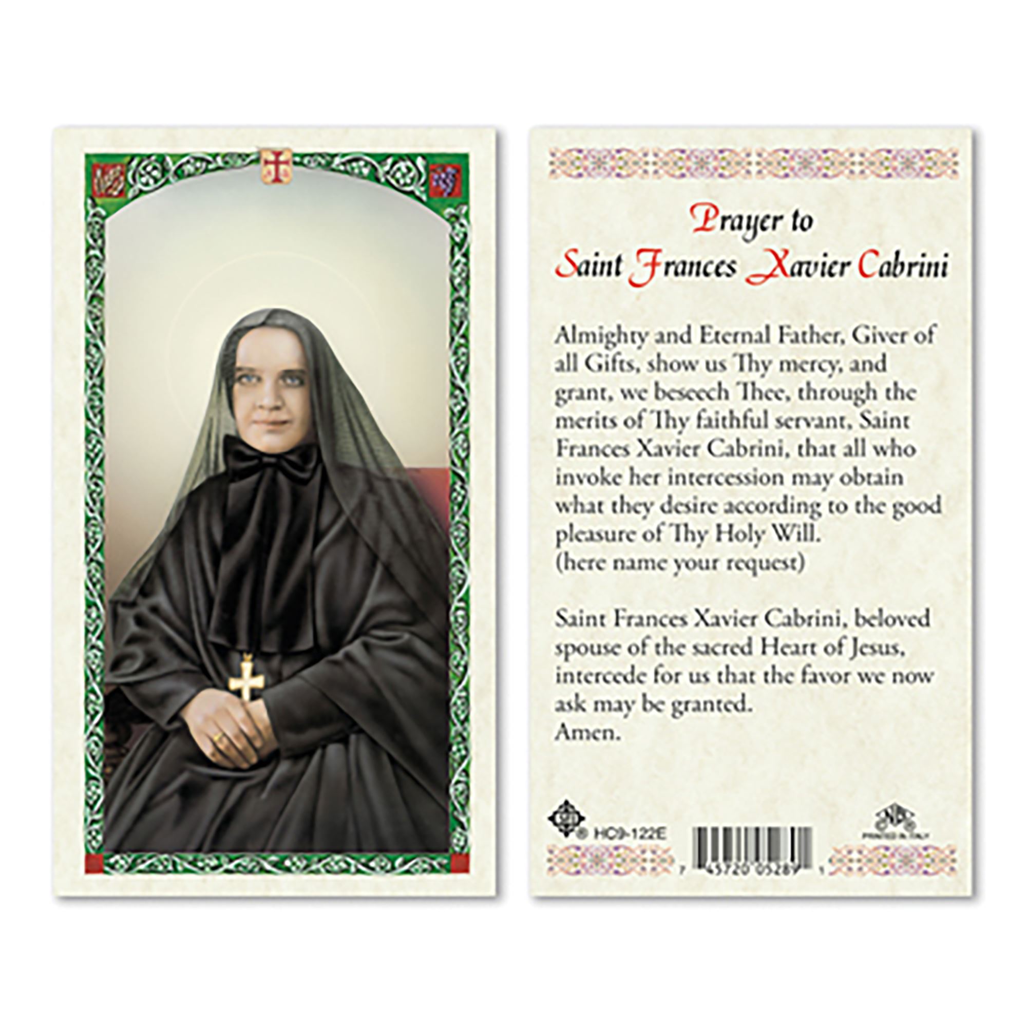 LAMINATED HOLY CARD - ST. FRANCES CABRINI | EWTN Religious Catalogue