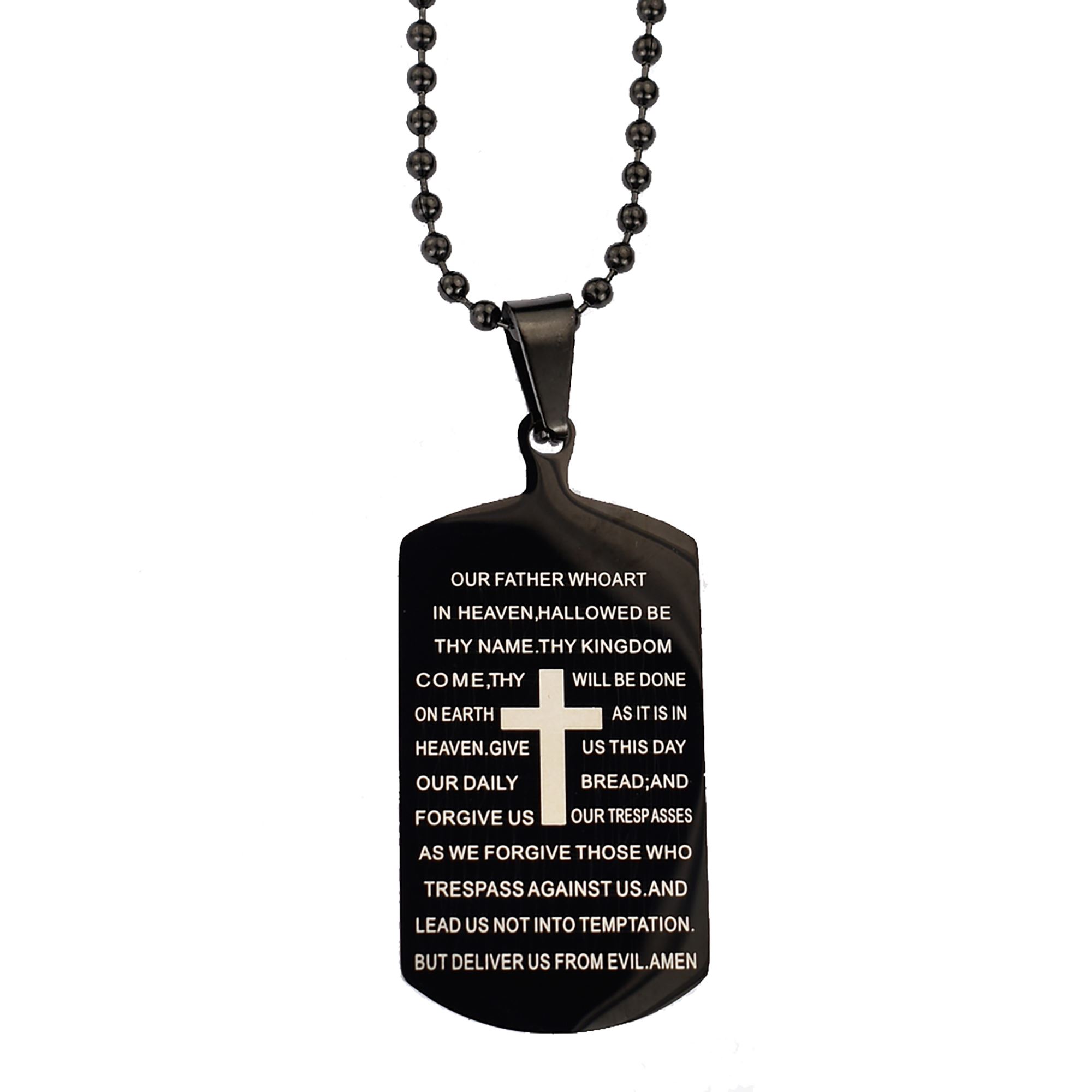 BLACK STAINLESS STEEL DOG TAG WITH OUR FATHER | EWTN Religious Catalogue