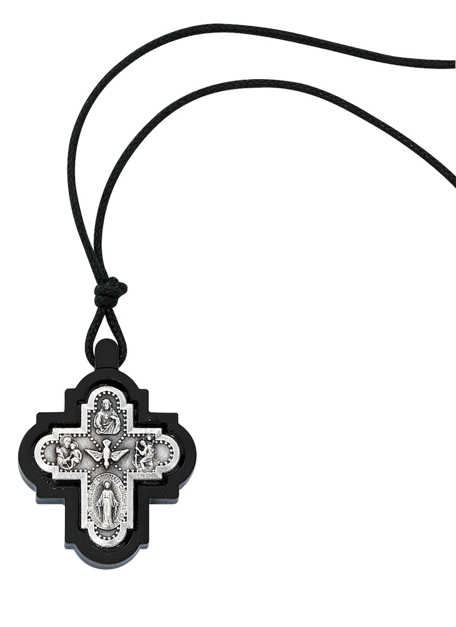 BLACK FRAMED 4-WAY MEDAL ON CORD | EWTN Religious Catalogue