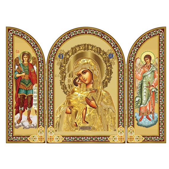 VIRGIN MARY WITH ARCHANGEL MICHAEL AND GUARDIAN ANGEL ICON TRIPTYCH - 6¼” | EWTN Religious Catalogue